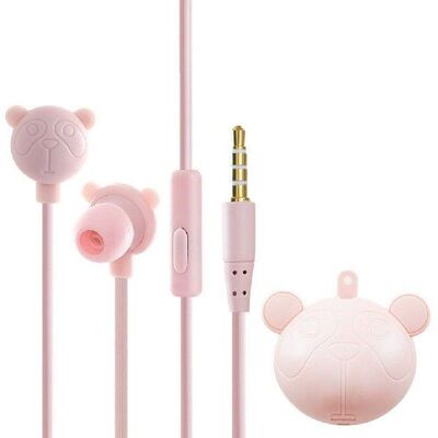 Pink Wired Earphones Cute Cartoon Bear Sport Headphones