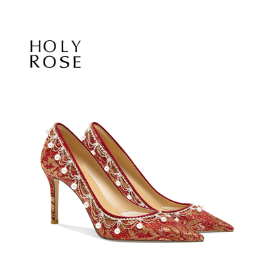 HolyRose【铃兰漫野】红色中式绝美婚鞋新娘鞋珍珠蕾丝尖头高跟鞋