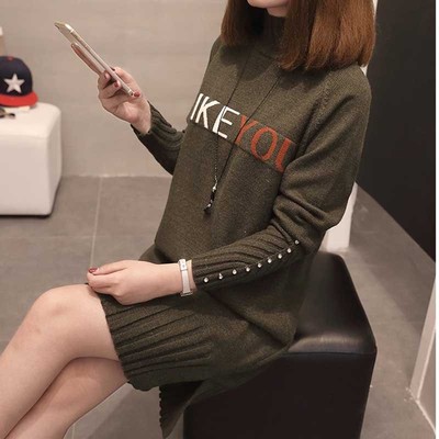 Autumn Winter Long Knit Sweater Pullover Women Half Turtlene