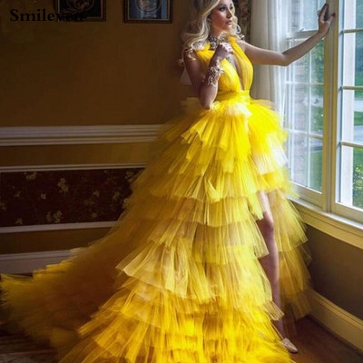 Smileven Princess Prom Gowns High Low Tiered Puff Tulle Long