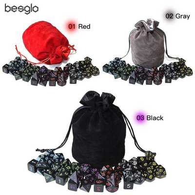 Opaque Black Polyhedral Dice 6 and Drawstring Velvet Pouch