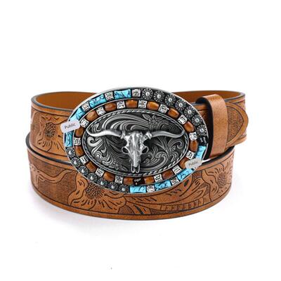 Denim belt cow head large plate buckle trendy 牛仔皮带牛头