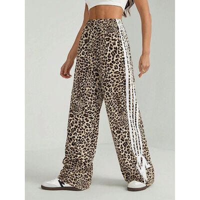 豹纹条带撞色休闲阔腿裤女 Leopard-print casual wide-leg pants