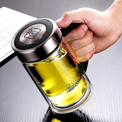 希诺双层玻璃杯商务办公杯带手柄茶杯大容量水杯透明杯子9321