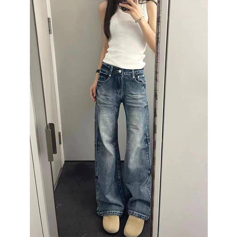 小个子复古水洗裂纹微喇叭牛仔裤女美式辣妹高腰宽松显瘦阔腿长裤