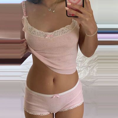 蝴蝶结蕾丝拼接肩带套装女