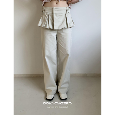 DKZ  杏色花苞拼接休闲裤女秋冬新款直筒韩版长裤