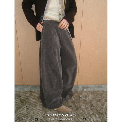 DKZ 咖色廓形灯芯绒休闲裤女秋冬新款宽松复古弯刀裤