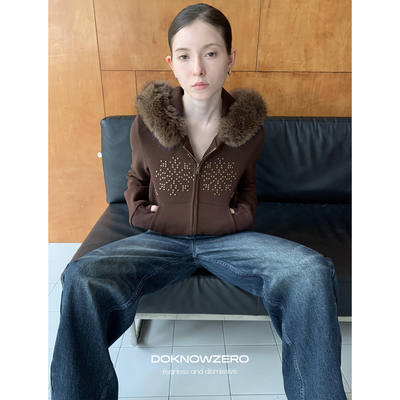 DKZ 可拆卸毛领连帽加绒外套女复古烫钉雪花印花保暖上衣