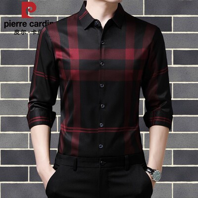 皮尔卡丹高级感衬衫男长袖2025春季新款时尚潮流帅气免烫格子衬衣