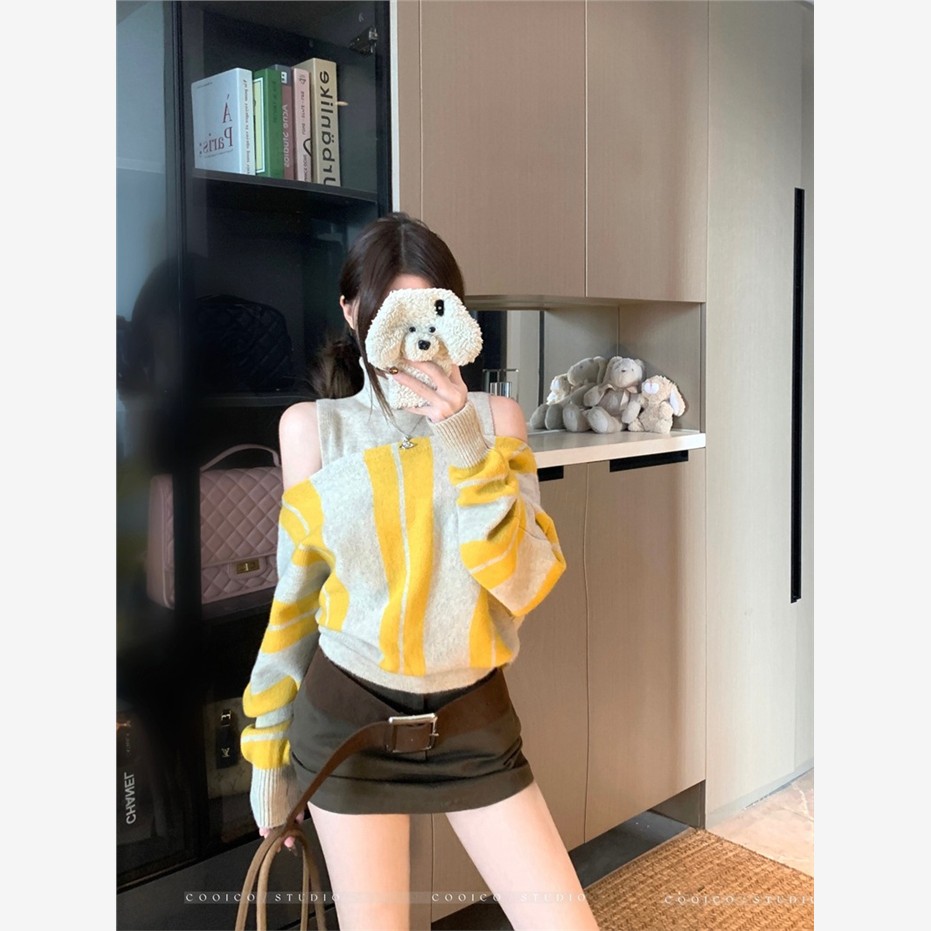 一字肩撞色条纹蝙蝠袖套头毛衣女秋季穿搭套装针织背心上衣两件套