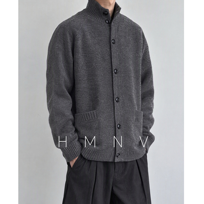 HMNV美式复古宽松针织开衫男秋冬休闲潮流百搭立领毛衣外套