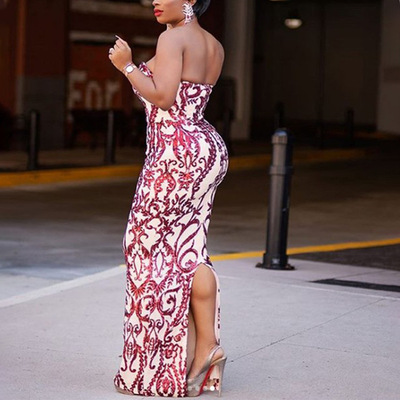 印花无袖V领修身连衣长裙