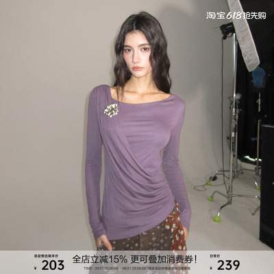 SEGI原创设计秋冬新款立体剪裁荡领不对称灰紫色针织打底衫女上衣