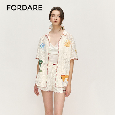 FORDARE/福蝶25春夏度假感贴布短袖蕾丝衬衫/短裤