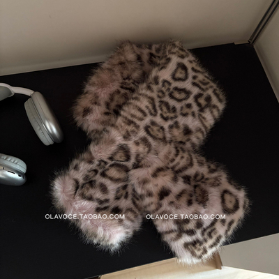 冬季豹纹毛绒交叉围巾保暖加厚