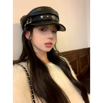 八角帽贝雷帽女星星PU皮复古秋冬