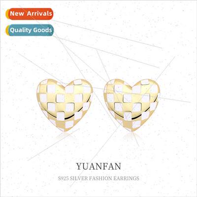 S925 silver love heart checkerboard earrings female Europe i