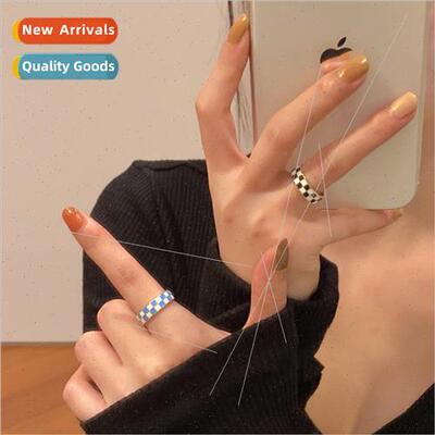 Klein Blue Checkerboard Checkerboard Drip Glaze Ring Women c