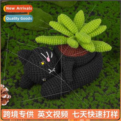Handmade wool knting black cat cactus potted plant crochet m