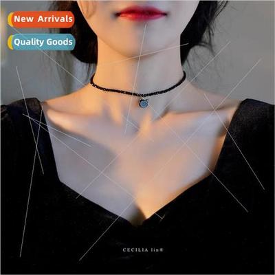 Super cute cat 14K gold clad super shiny black spinel neckla