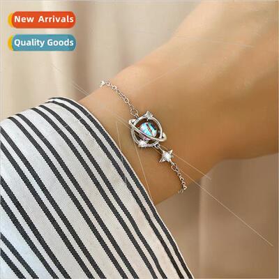 Sparkling Diamonds Around Planet Moonstone Bracelet Adjustab
