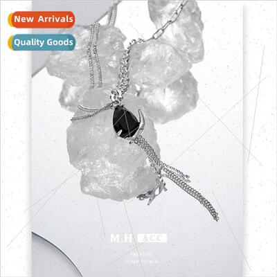 Black Gemstone Quadrangle Necklace Women Tassel Delicate che