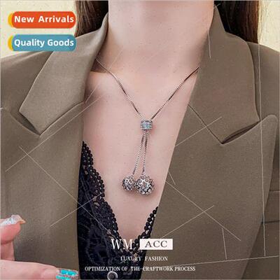 Tanium steel hollowed out wh diamonds orb adjustable necklac