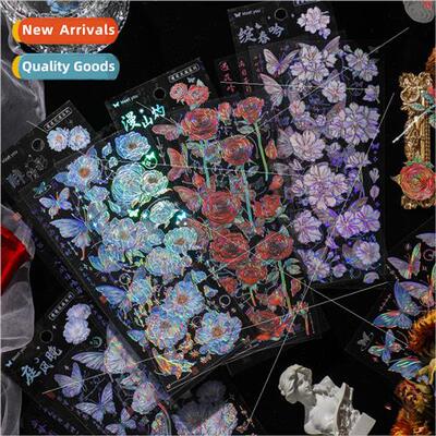 PET hot stamping stickers creative flowers butterfly handboo