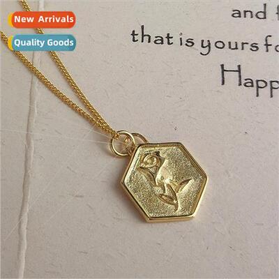 925 lver Necklace Europe che Hexagonal Engraved Rose Necklac