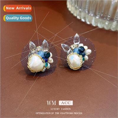 lver needle baroque pearl crystal rhinestone mesh earrings l