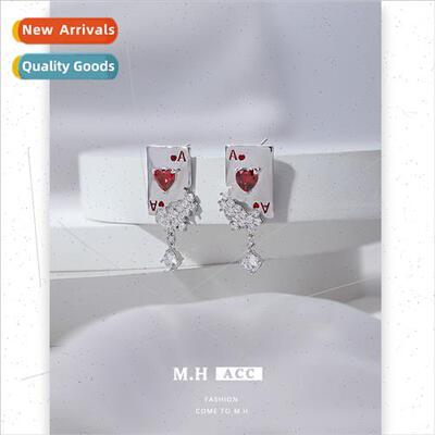 Metal liquid playing cards 925 silver pin earrings female in