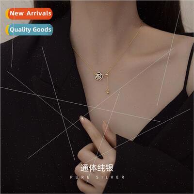 S925 Silver Niche Diamond Encrusted Camellia Necklace适用Wom