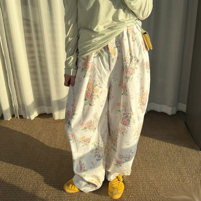 高品YB开 YY重工花卉印花打褶高腰阔腿裤宽松廓形裤弯刀裤26早春