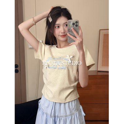 【flota】甜美风蝴蝶结蕾丝插肩短袖T恤女捏褶掐腰显瘦上衣