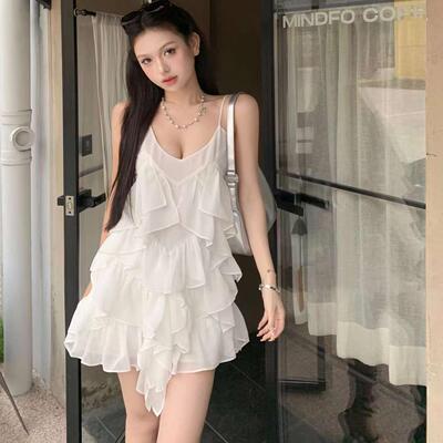 WHITE MARSH 轻奢女荷叶边露背性感吊带连衣裙