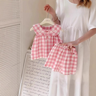 女宝套装夏季薄款女宝宝公主风格子背心短衣服装幼儿夏装两件套潮
