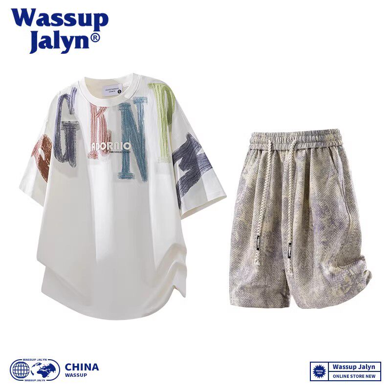 WASSUP JALYN涂鸦字母短袖短裤夏季2026印花高级感休闲运动套装男