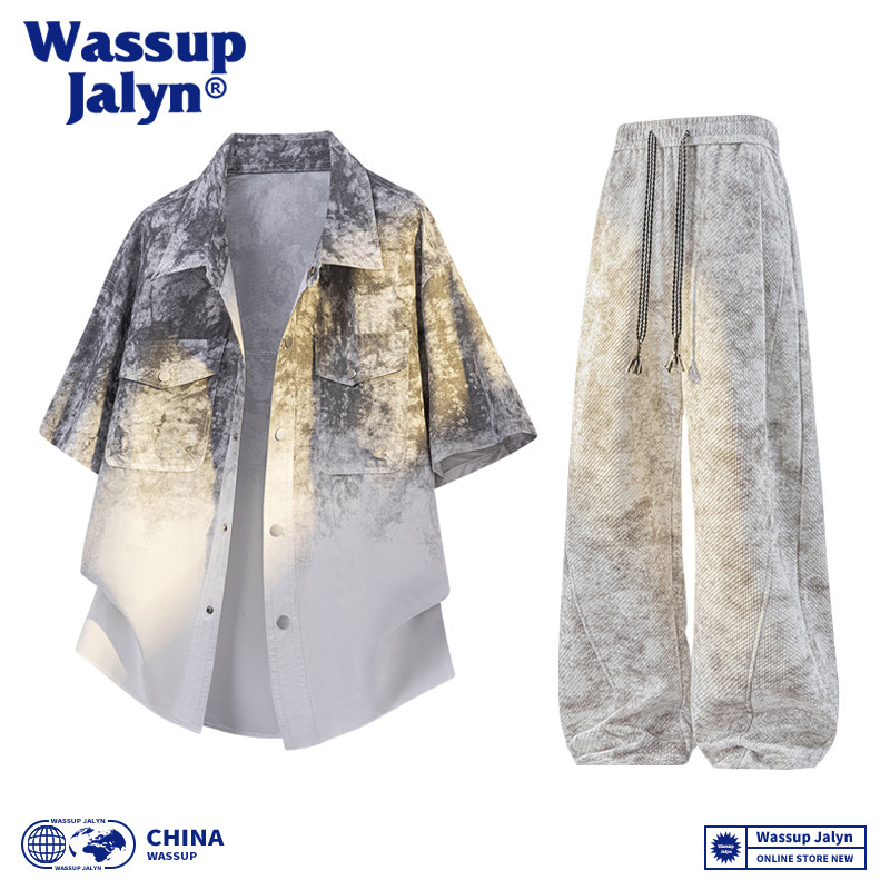 WASSUP JALYN潮牌休闲百搭套装男夏季潮流短袖衬衫宽松长裤两件套
