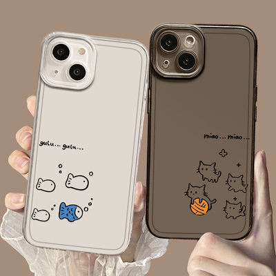 适用苹果手机壳透明线条猫咪小鱼