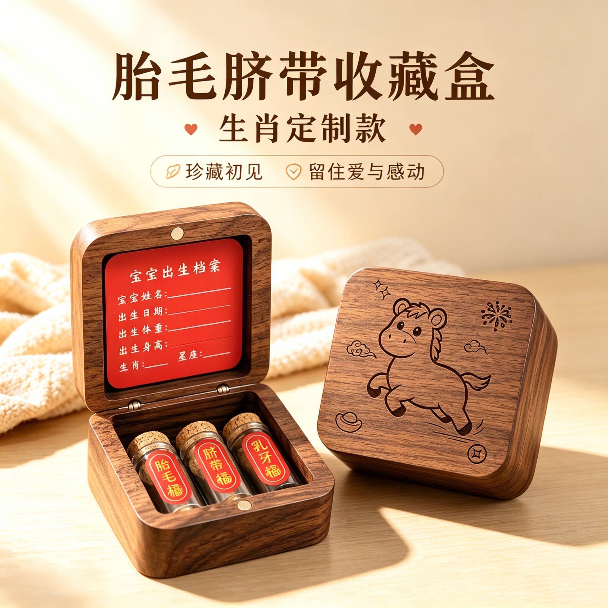 婴儿胎发脐带收藏盒脐带乳牙收纳盒胎毛脐带保存盒乳牙胎毛纪念品