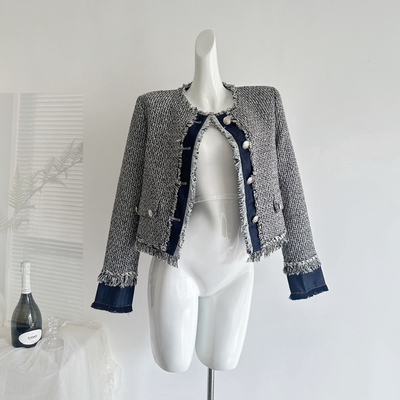 秋上新叛逆贵女小香风牛仔拼接拉毛女甜酷小众复古上衣短外c3938