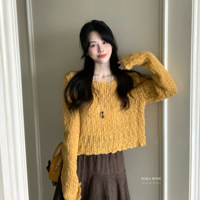 馨菲设计26年早春韩系温柔风气质简约短款镂空长袖针织衫F7421