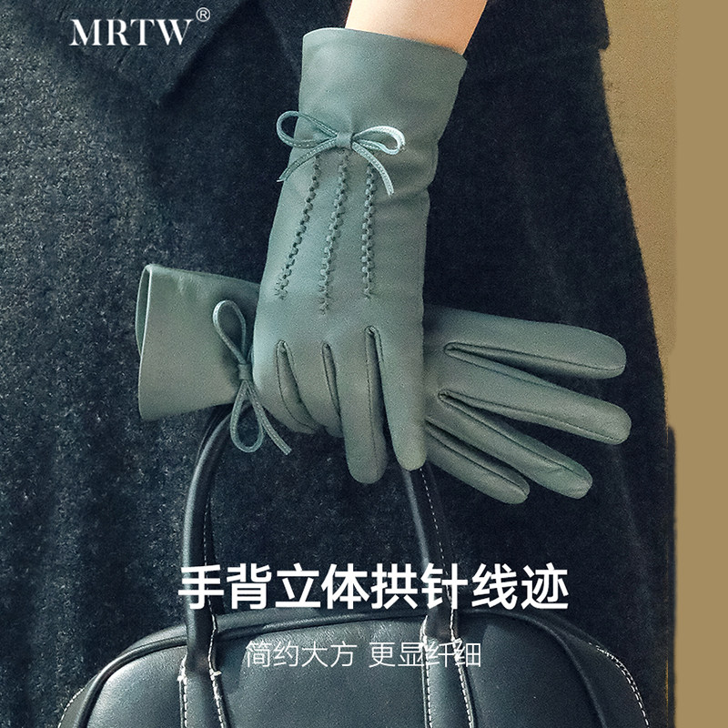 冬季高颜值时尚羊皮真皮手套加绒保暖复古优雅蝴蝶结真皮手套女士