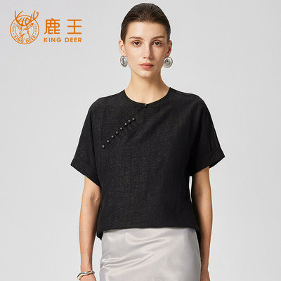 King Deer/鹿王香云纱小衫圆领女夏季新款简约高级感真丝短袖上衣