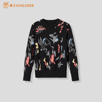 /鹿王23冬季新品百搭休闲针织圆领提花羊绒衫L763396