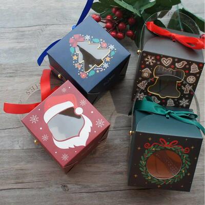 12pcs Christmas Paper Box with Window Handle Candy Box Soap