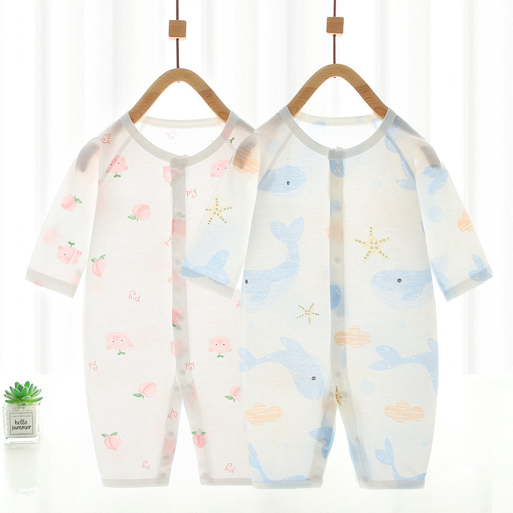 连体衣夏季纯棉新生儿衣服对开空调服男女宝宝长袖家居服薄款