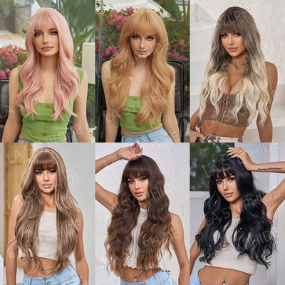 棕色渐变金色假发齐刘海长卷发1B Tik Tok热卖Wig欧美玫瑰网哑光