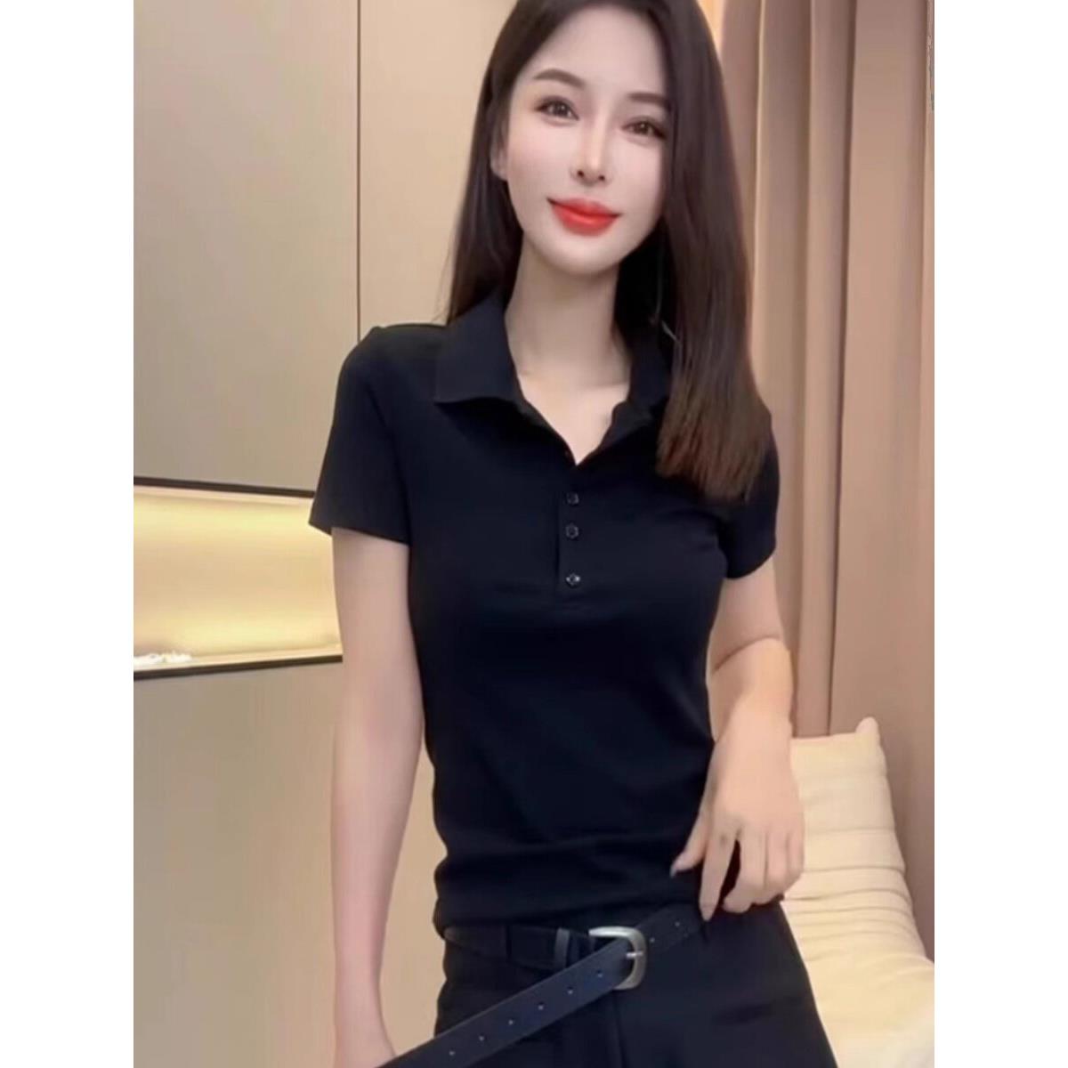 黑色翻领正肩短袖T恤女2026新款夏季修身显瘦简约休闲POLO衫上衣